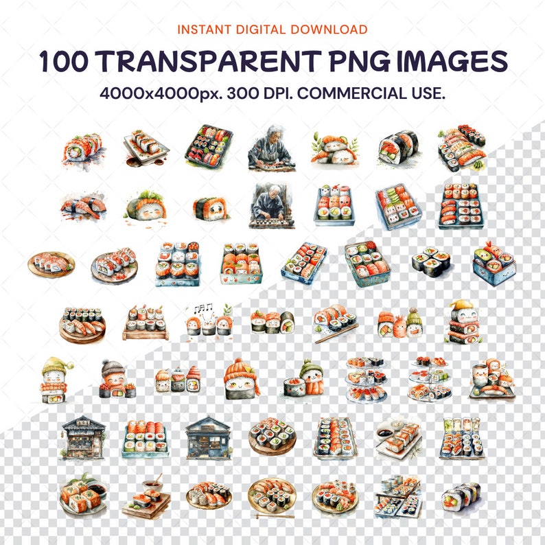 Cute Watercolor Sushi Clipart, Kawaii Japanese Asian Cuisine ...