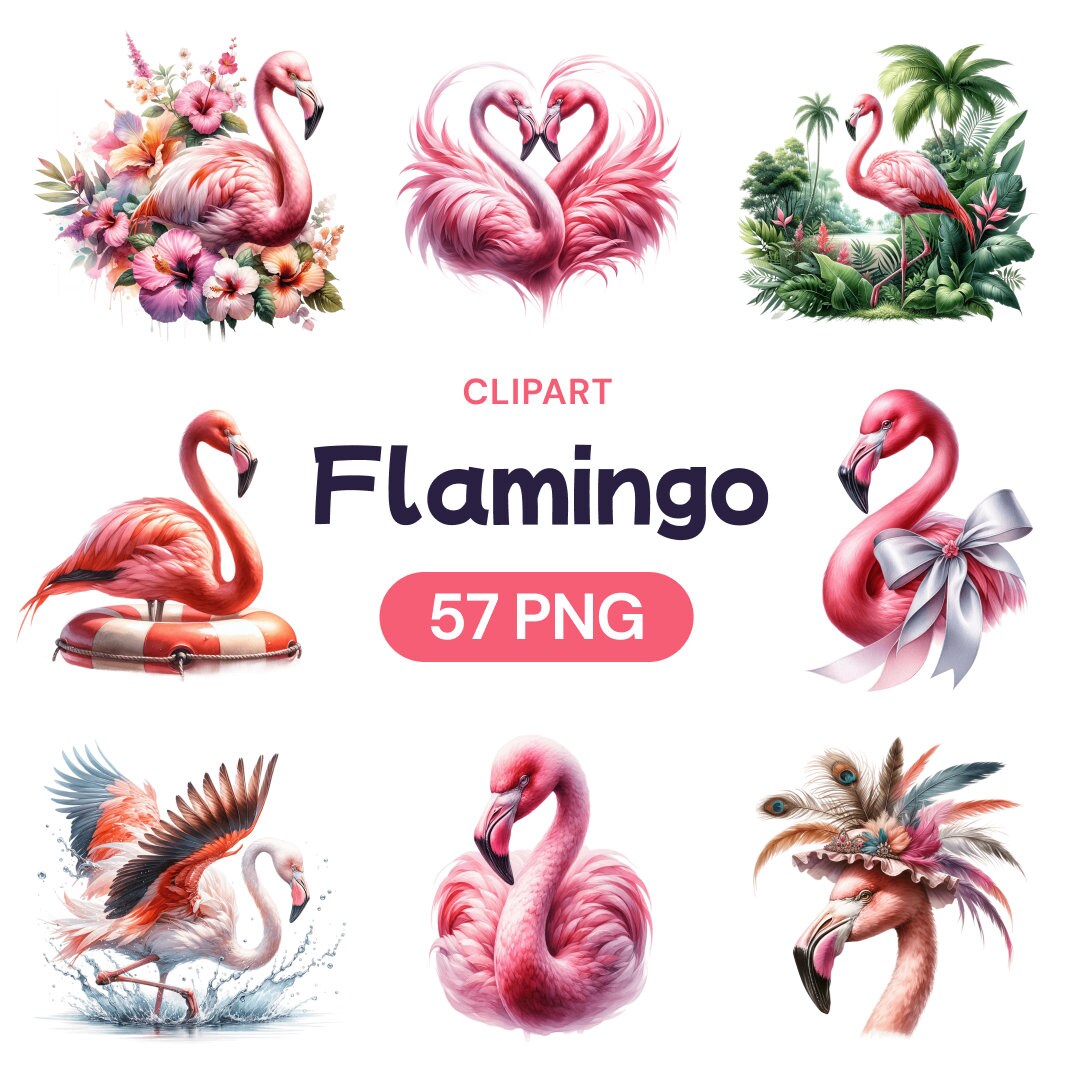 Cute Flamingo Clipart, Tropical Pink Watercolor Illustration ...