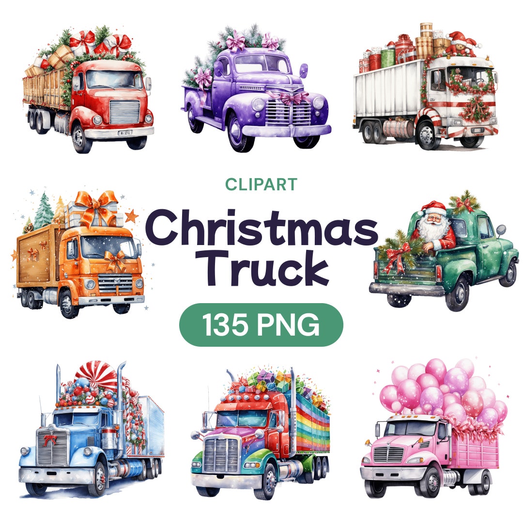Christmas Truck Clipart, Watercolor Cute Vintage Delivery Pickup PNG ...