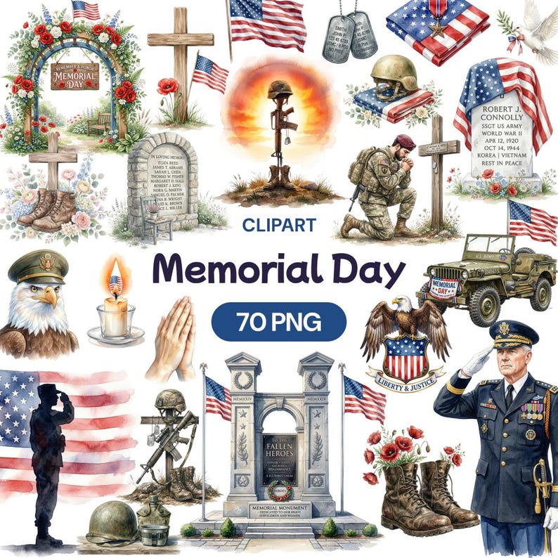 Memorial Day Clipart, Watercolor Veteran PNG, Patriotic Military ...