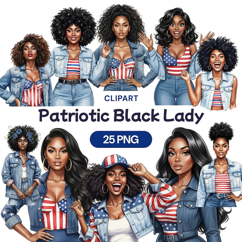 Patriotic Black Lady Clipart, Watercolor 4th of July PNG, African ...