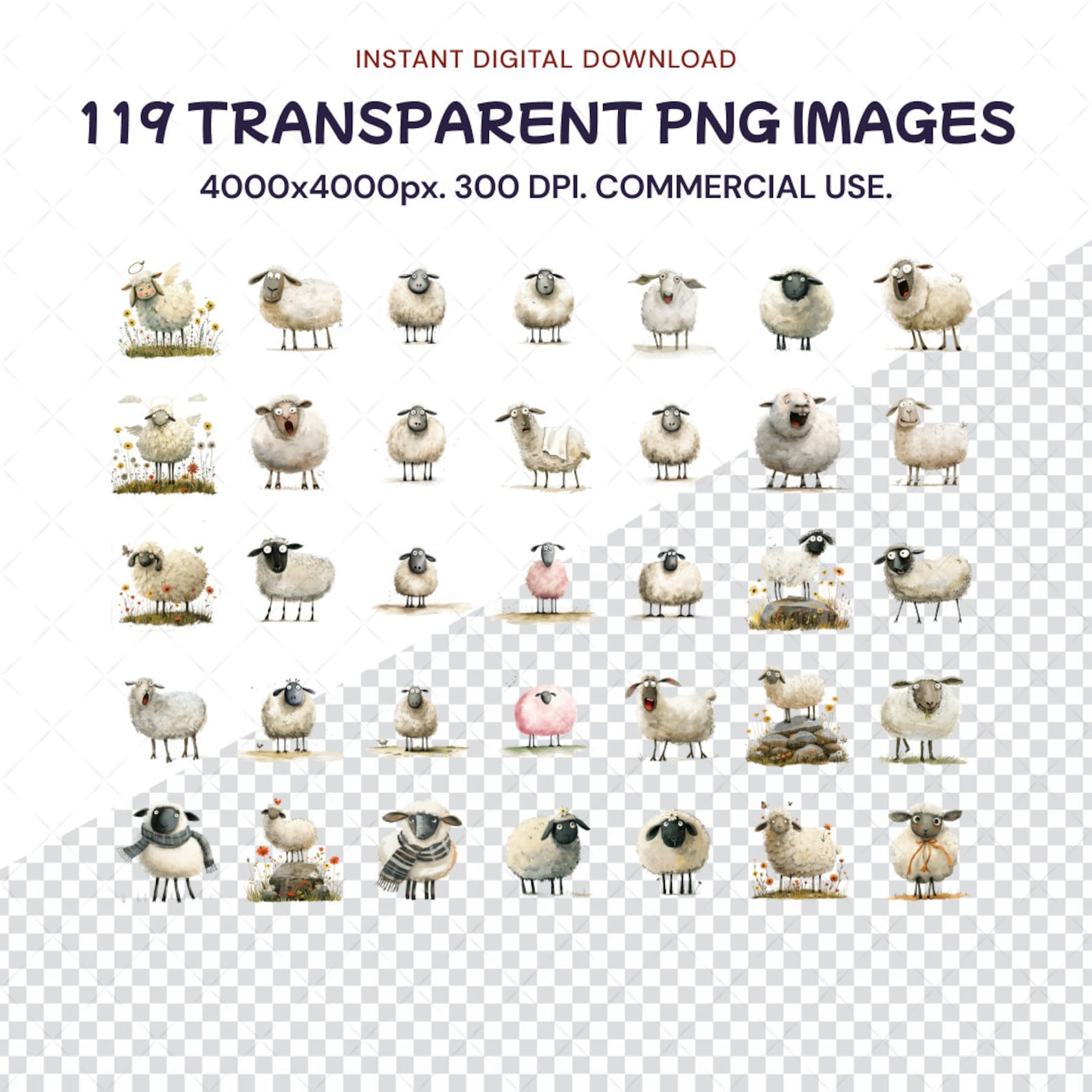 Funny Sheep Clipart, Cute Watercolor Quirky Farm Animal, PNG Digital ...