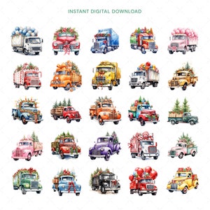 Christmas Truck Clipart, Watercolor Cute Vintage Delivery Pickup PNG ...