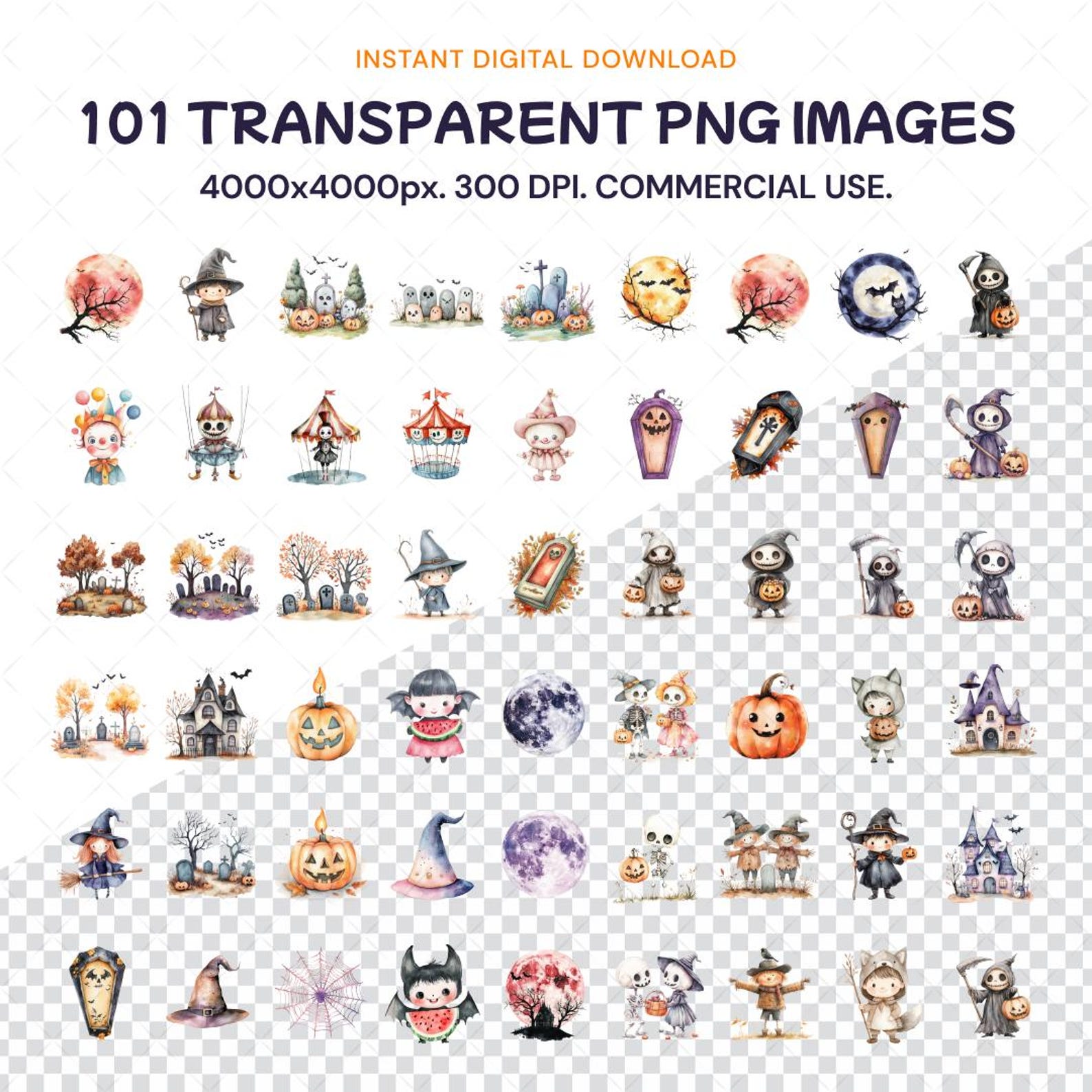 Cute Creeps Halloween Watercolor Clipart, Pumpkin Witch Monster PNG ...