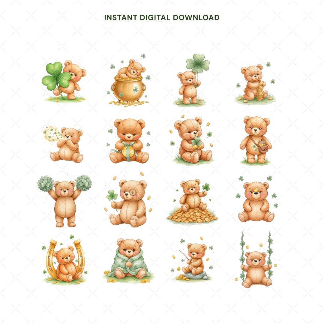 St Patricks Day Teddy Bear Clipart, Cute Irish Animal PNG, Shamrock ...