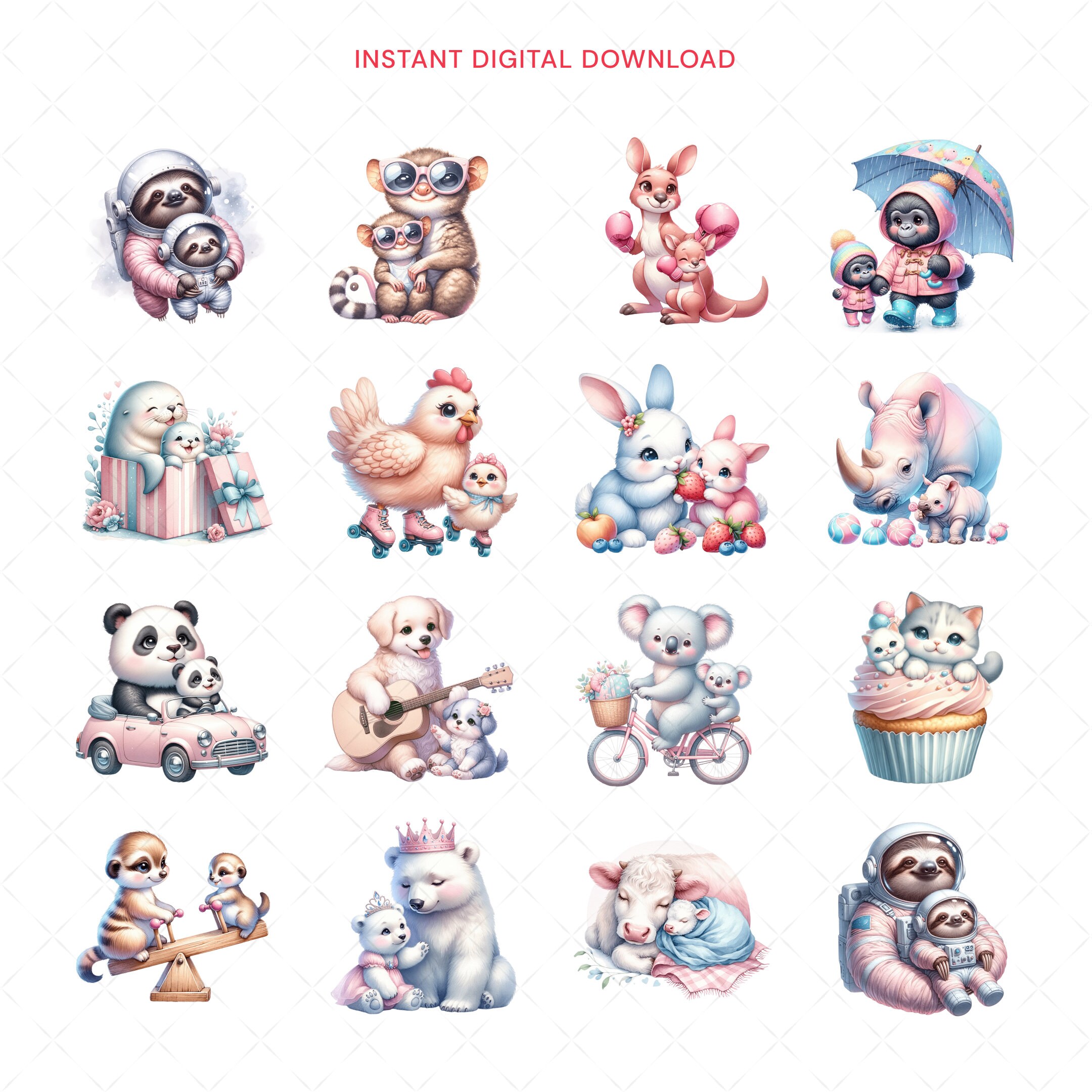 Pastel Mom and Baby Animals Clipart, Cute Watercolor Mother's Day PNG ...
