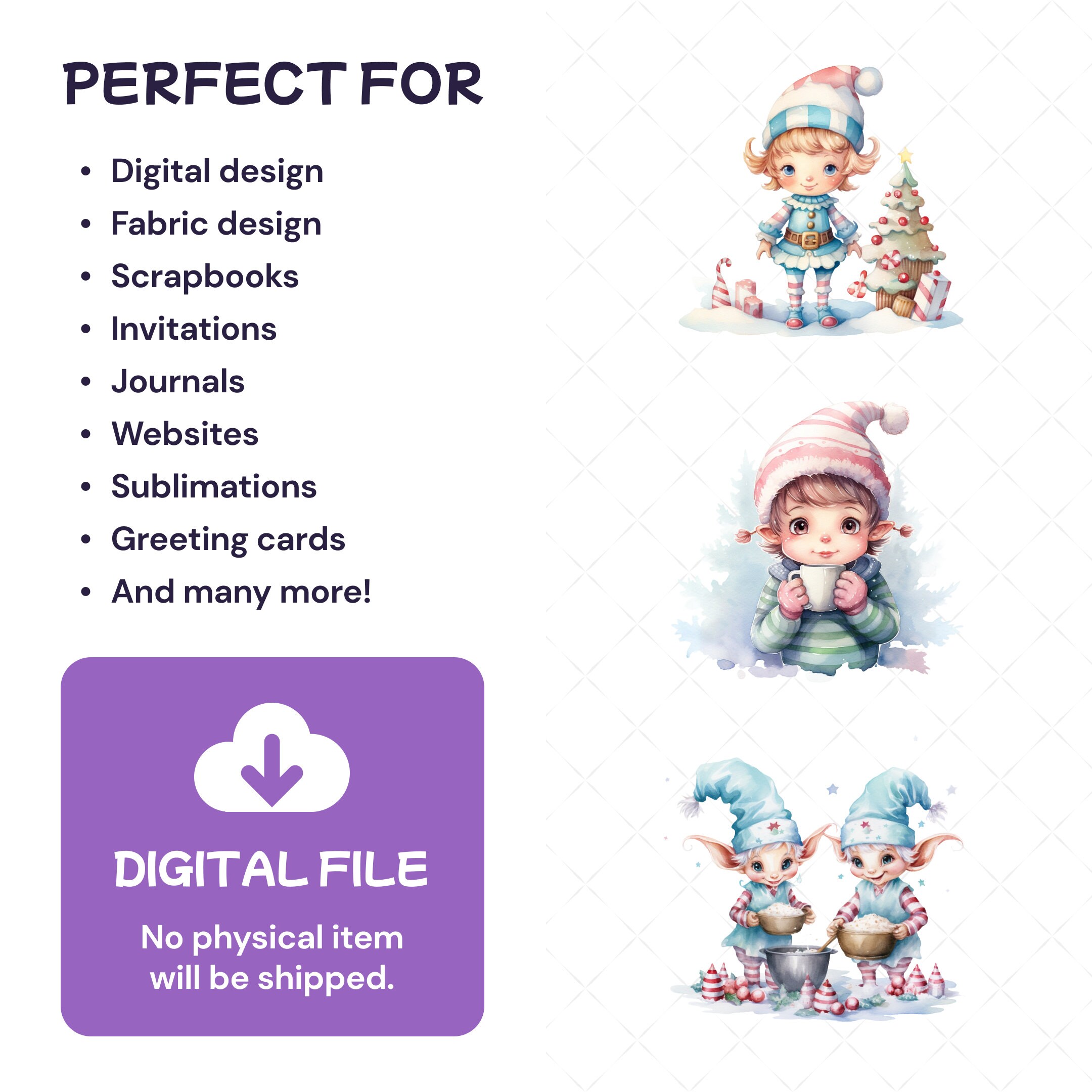 Pastel Christmas Elf Clipart, Cute Watercolor Xmas Elves PNG Bundle ...