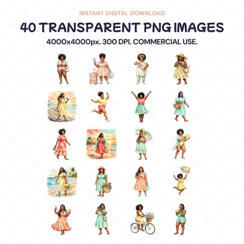Curvy Black Women Clipart, Plus Size Vacation PNG, Summer Beach Graphic ...