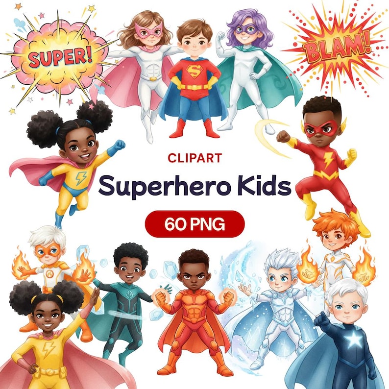 Superhero Kids Clipart, 60 Watercolor PNG, Cute Hero Boy Girl, Comic ...