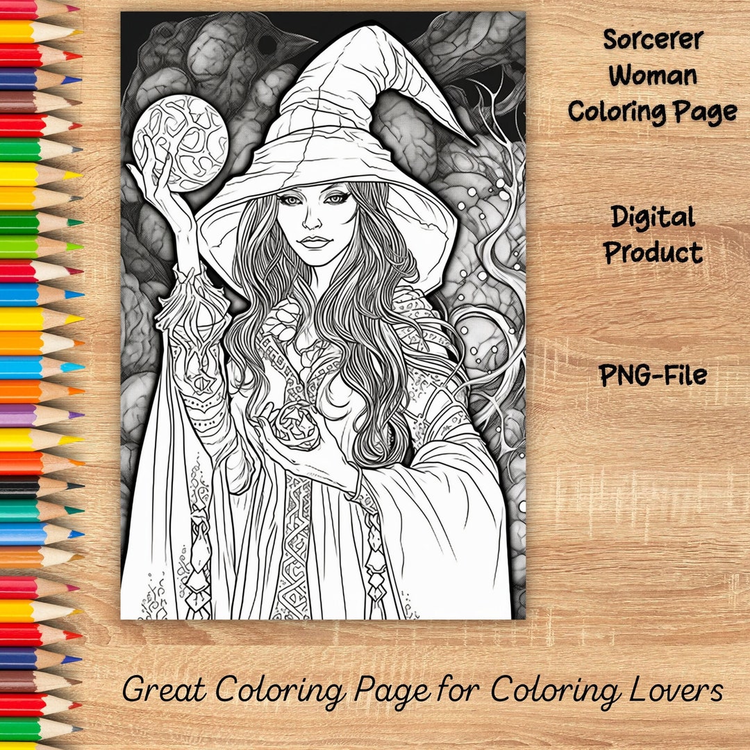 Sorcerer Woman Coloring Page Beautiful Coloring Page for - Etsy