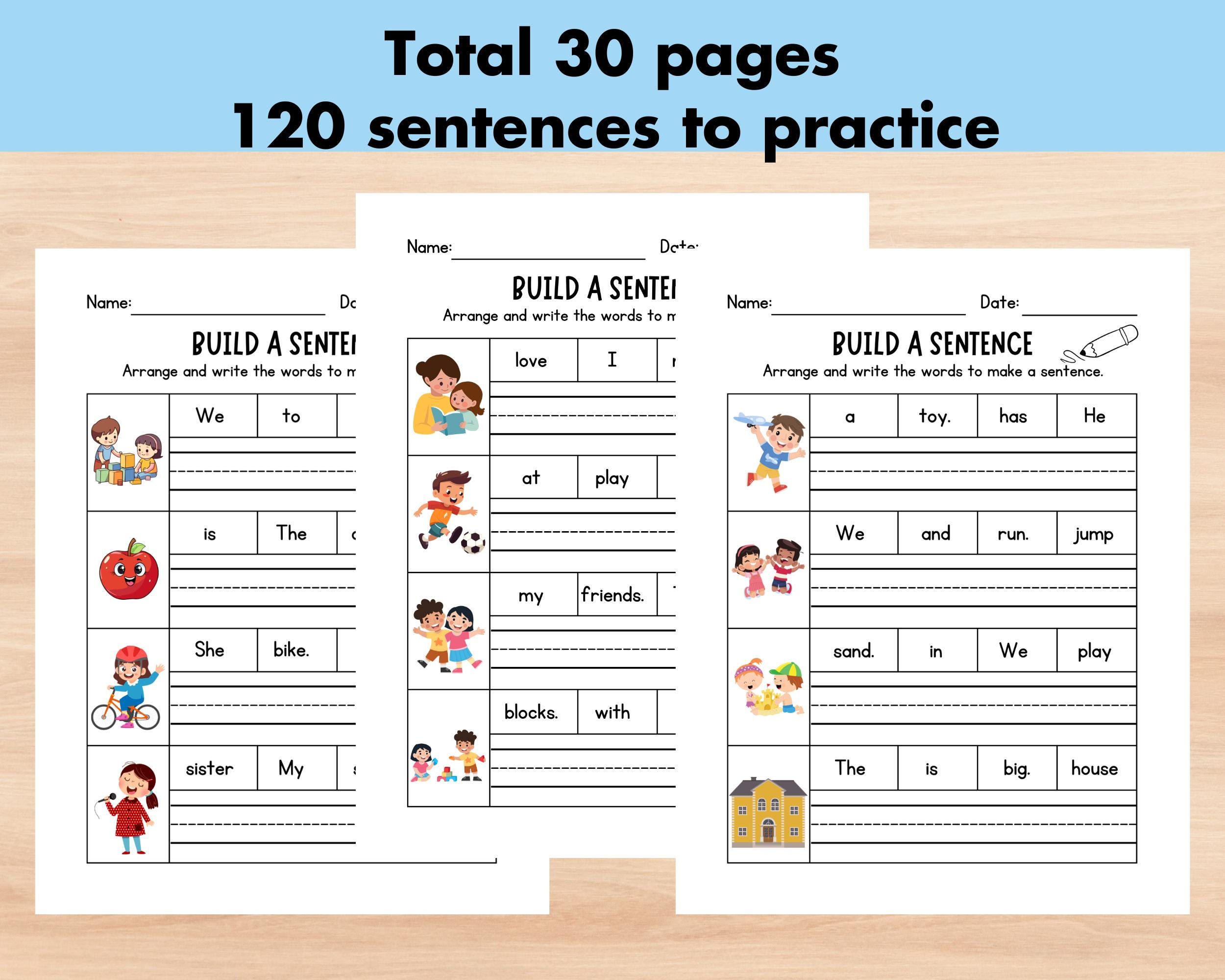 120 Build the Sentence Worksheets, Printable Sentences Writing Practice ...