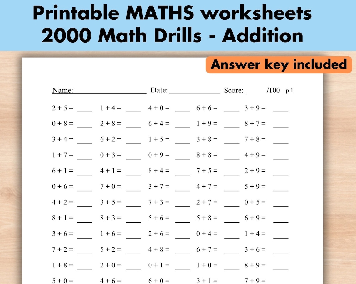 Maths Drill Addition Worksheets, Printable Numbers 0 to 9, Practice ...