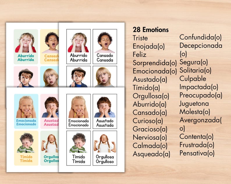 Spanish Emotions Flashcards for Kids Printable, 28 Real Photo Emotions ...