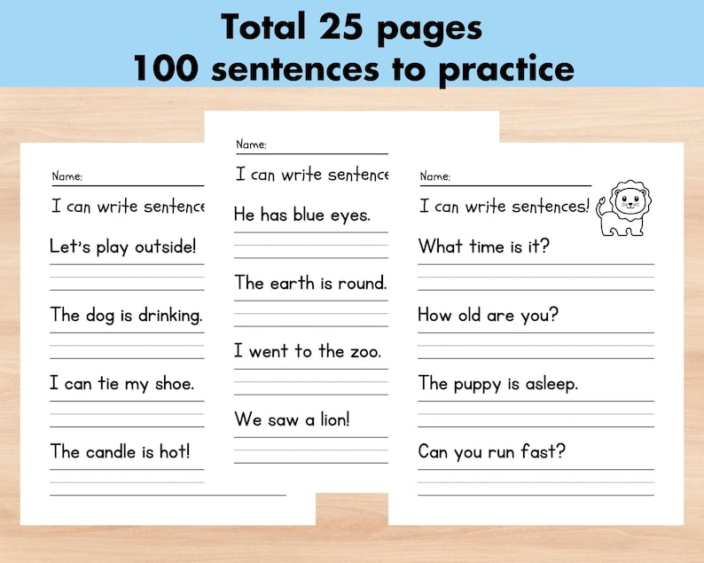 100 Sentence Writing Practice Worksheets, Printable English Writing ...