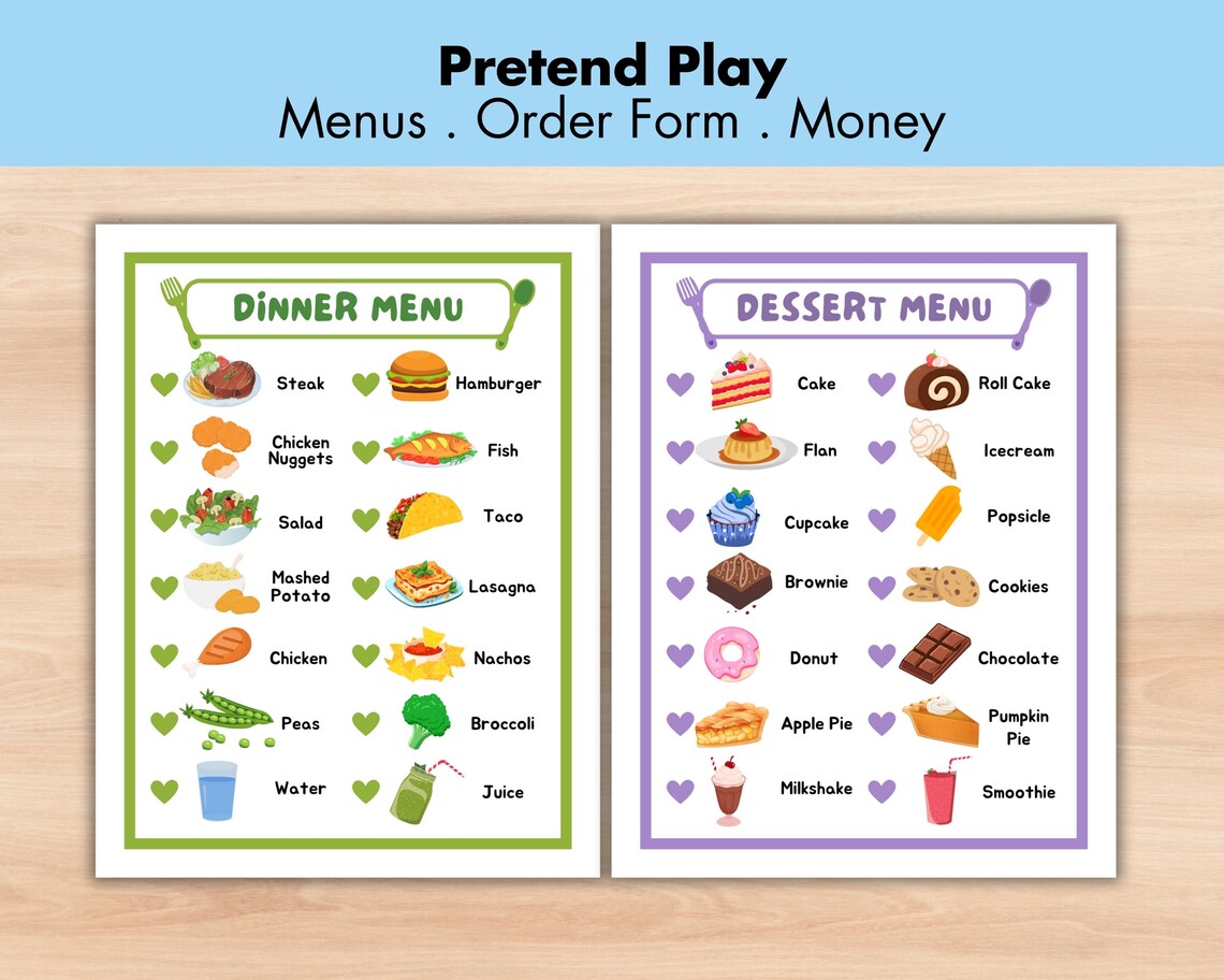 Pretend Play Menus, Pretend Restaurant Menus Kids Kitchen,printable ...