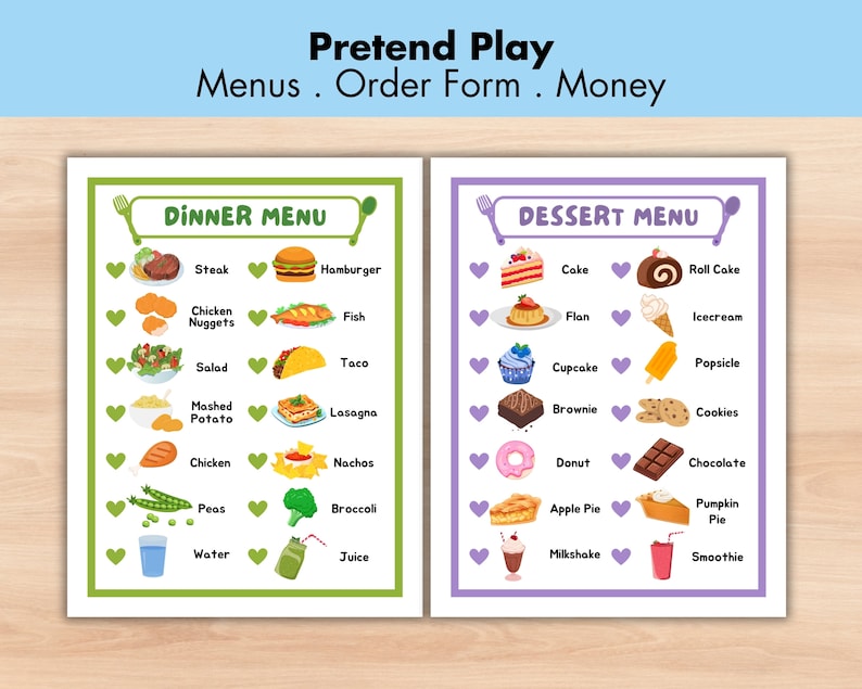 Pretend Play Menus, Pretend Restaurant Menus Kids Kitchen,printable ...