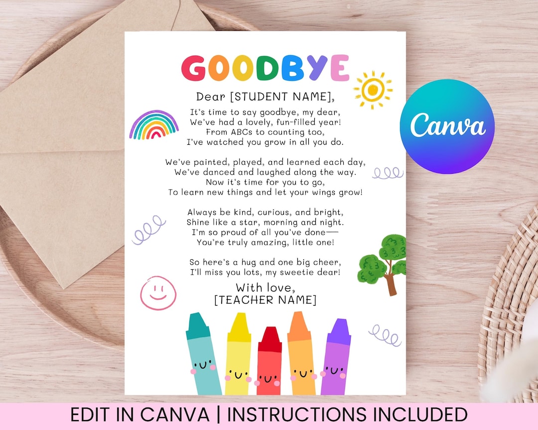 End of Year Poem From Preschool Teacher, Editable Goodbye Letter for ...