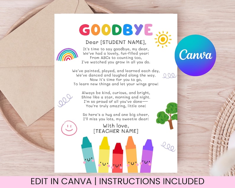 End of Year Poem From Preschool Teacher, Editable Goodbye Letter for ...