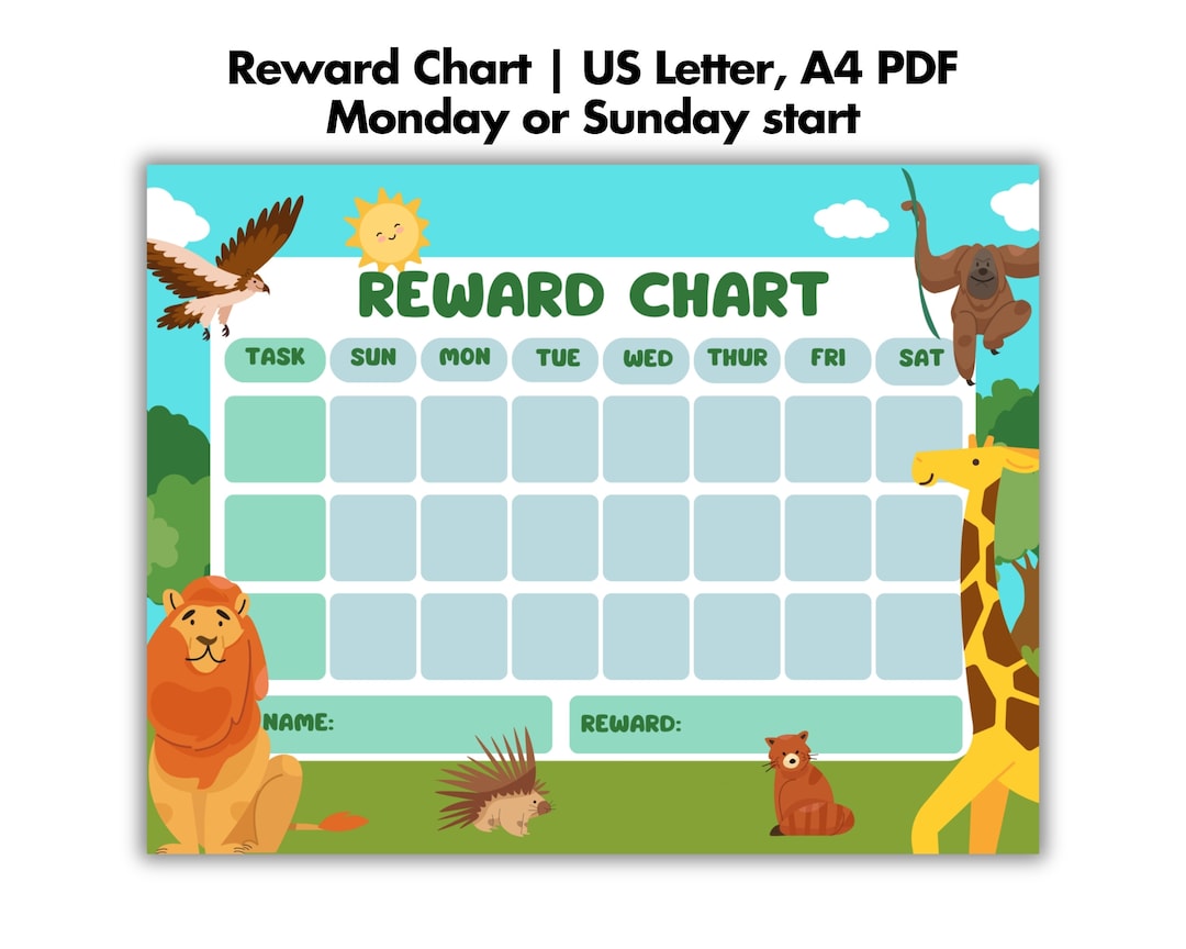 Safari Animal Reward Chart Toddler, Jungle Potty Training,printable ...