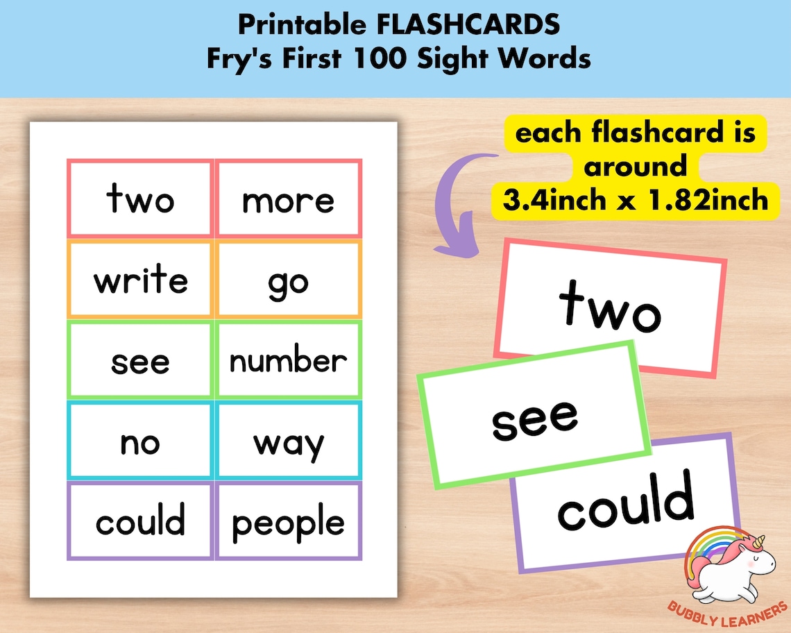 100 Printable Fry's First Hundred Sight Word Flashcards, Kindergarten ...