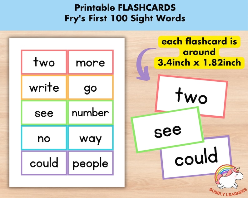 100 Printable Fry's First Hundred Sight Word Flashcards, Kindergarten ...