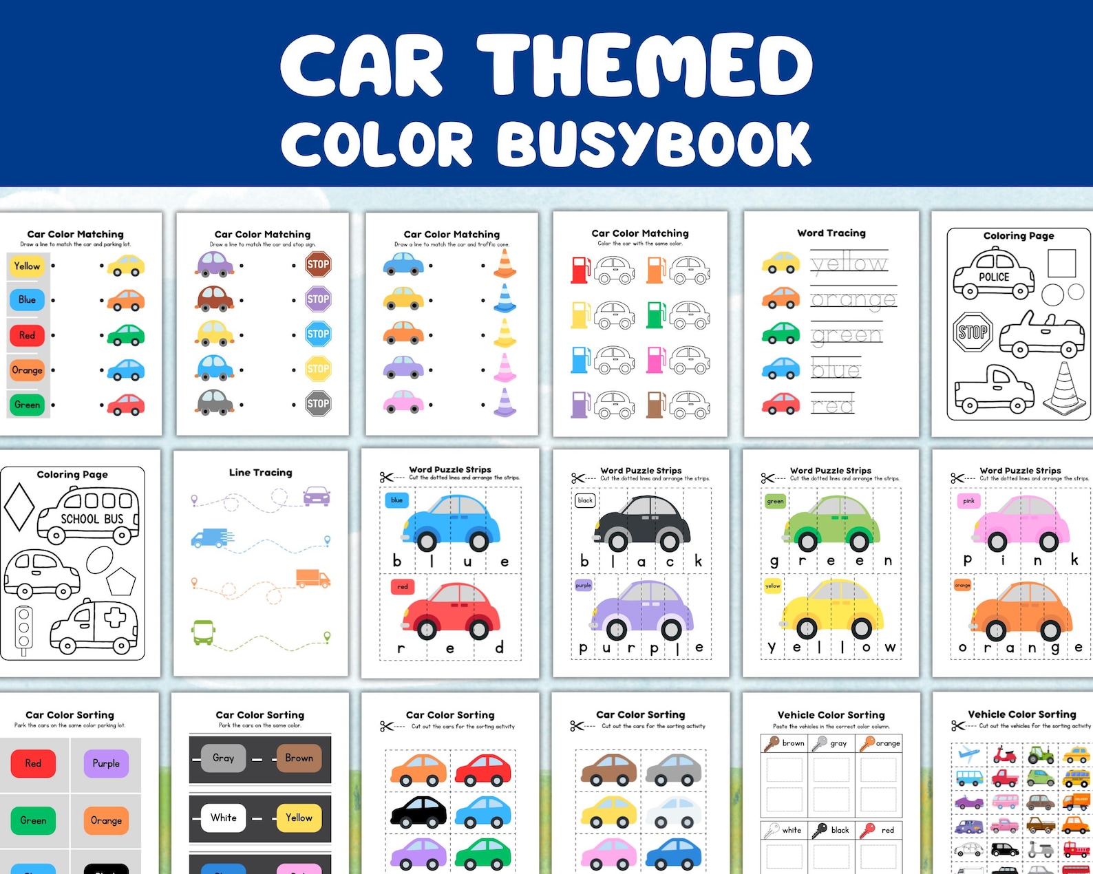 Toddler Busy Book Printable, Colour Sorting Matching Game, Car Color ...