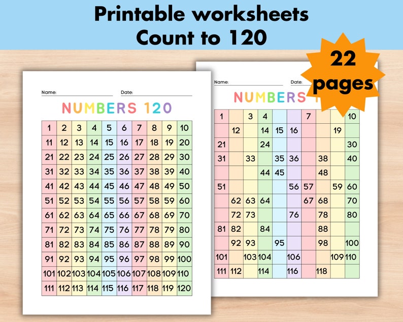22 Printable Number Chart, Count to 120 Worksheets, Preschool Skip ...