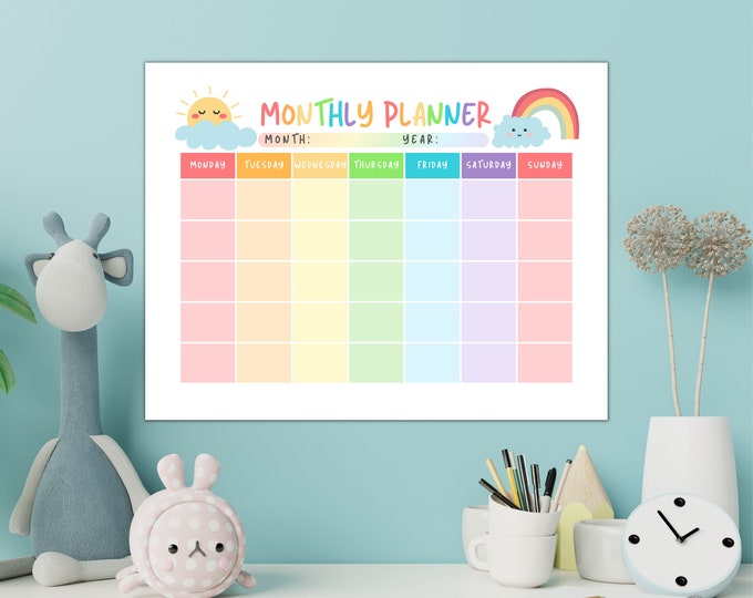 Monthly Kids Planner Rainbow Printable, Homeschool Kids Schedule ...