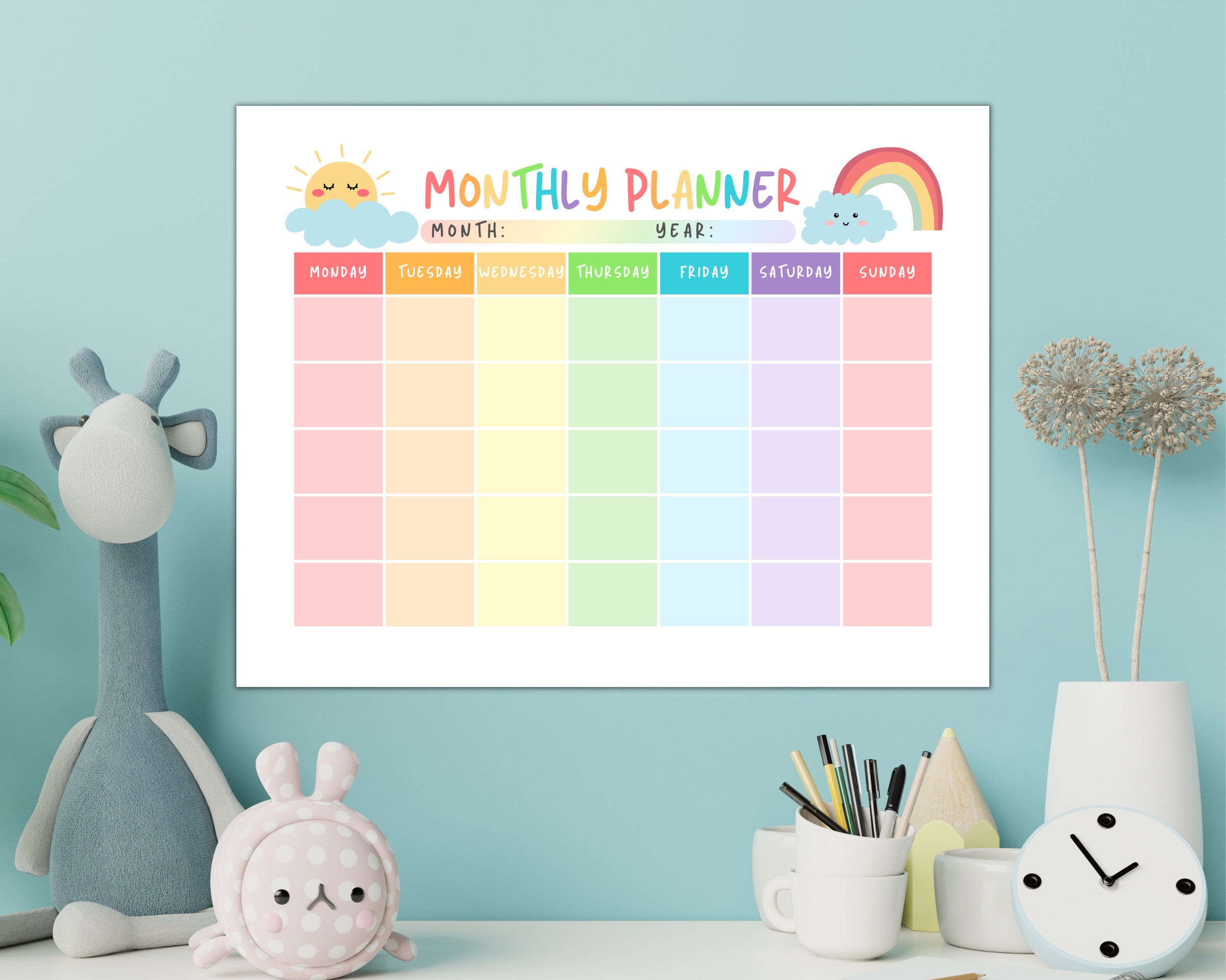 Monthly Kids Planner Rainbow Printable, Homeschool Kids Schedule ...