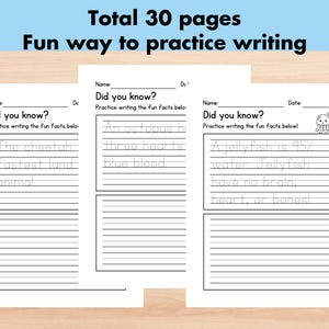 Write the Sentence Worksheets, Handwriting Trace Fun Facts, Printable ...