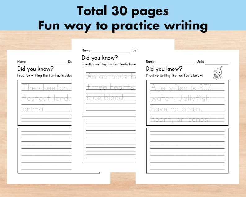Write the Sentence Worksheets, Handwriting Trace Fun Facts, Printable ...