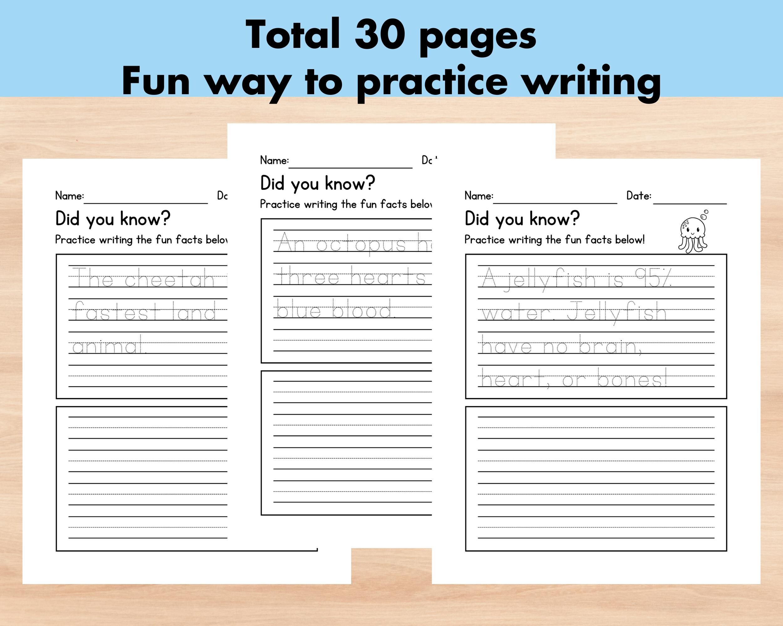 Write the Sentence Worksheets, Handwriting Trace Fun Facts, Printable ...