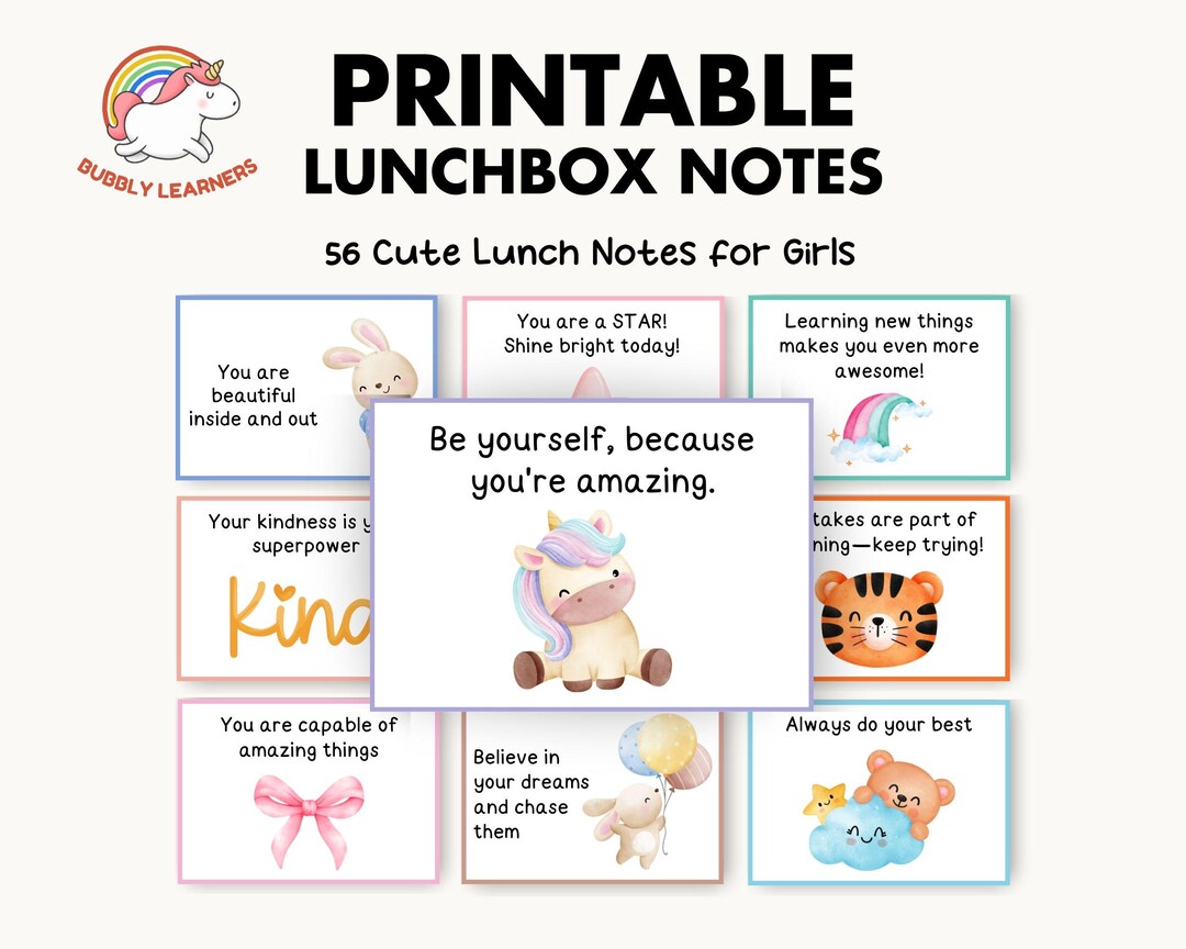 Lunchbox Notes for Girls, Printable Lunch Notes, Cute Lunchbox Ideas ...