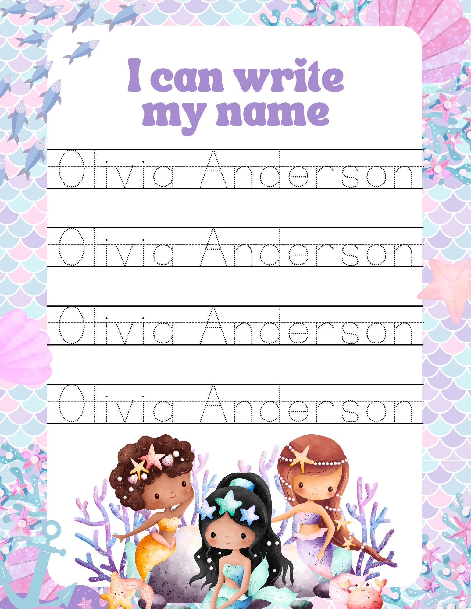 Mermaid Custom Name Tracing Sheet Personalized Name Trace Handwriting ...