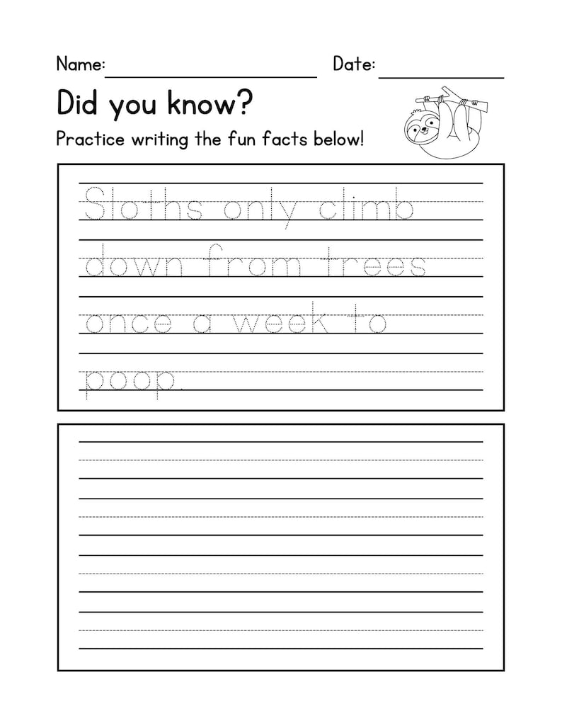 Write the Sentence Worksheets, Handwriting Trace Fun Facts, Printable ...