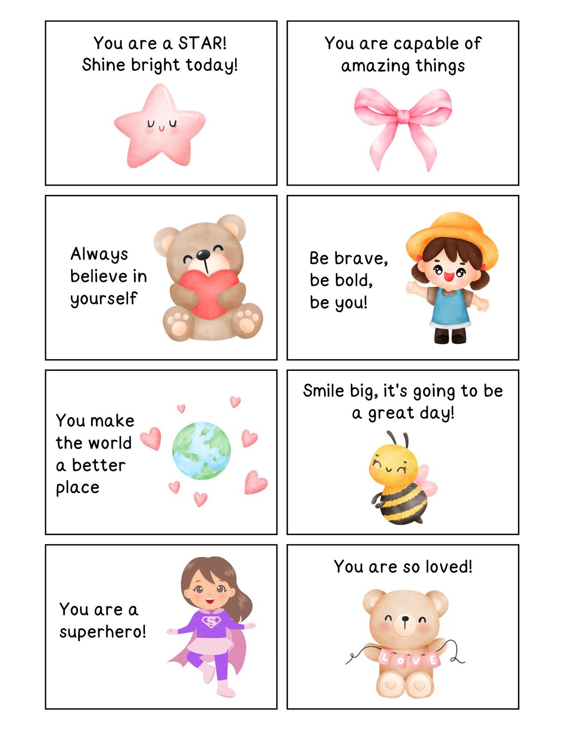 Cute Lunch Box Notes for Girls Printable, Lunchbox Positive Affirmation ...