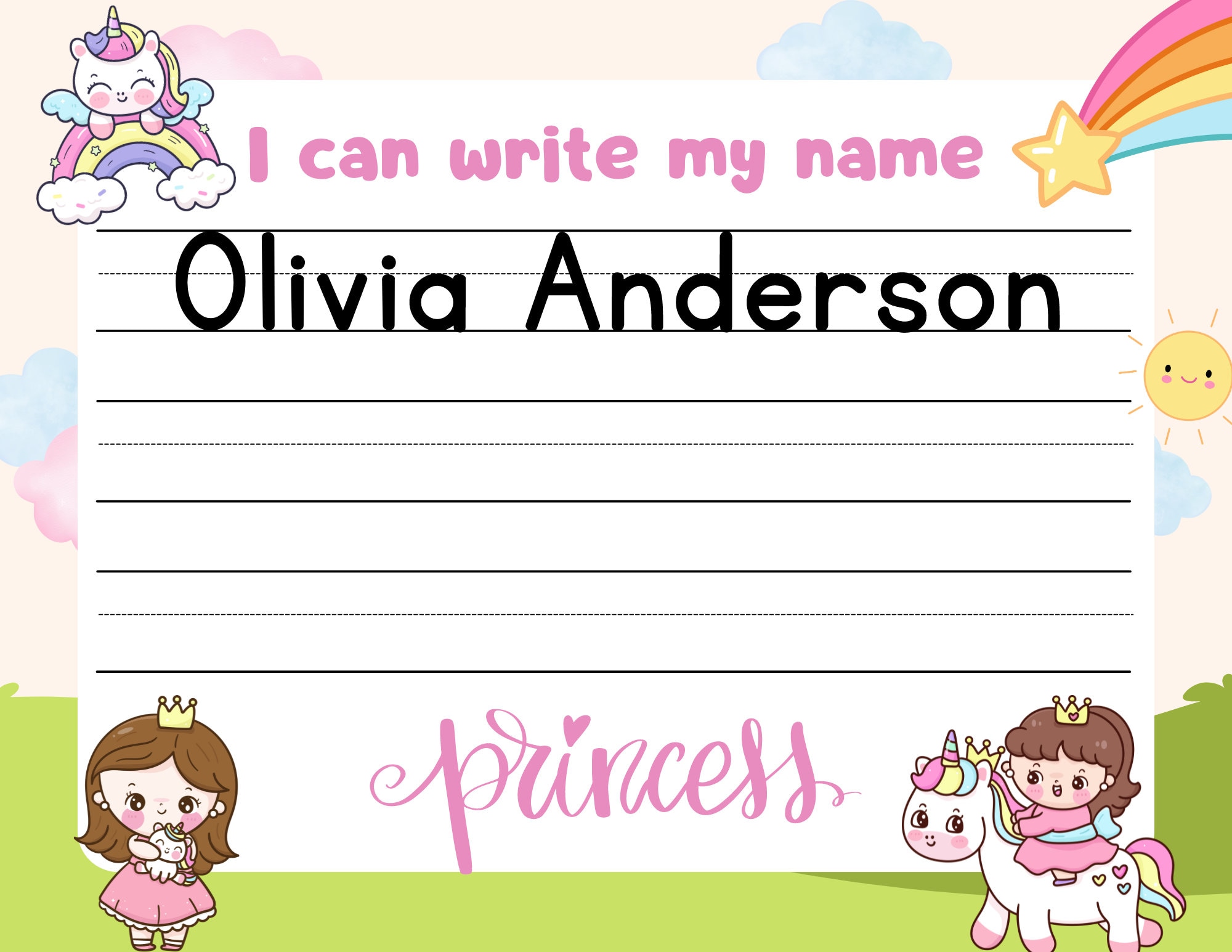 Princess Custom Name Tracing Sheet Unicorn Personalised Name Trace ...