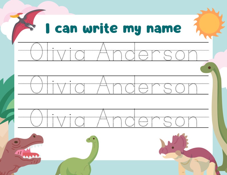 Dinosaur Custom Name Tracing Sheet Personalised Name Trace Handwriting ...