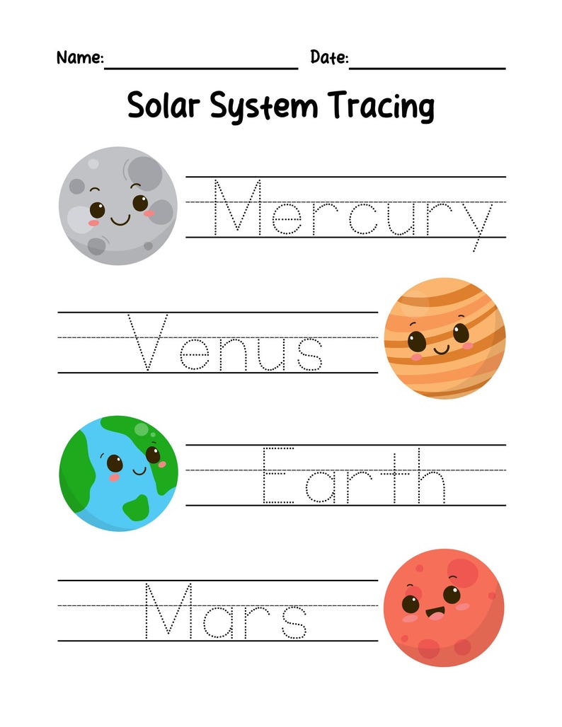 Solar System Tracing Bundle, Planet Name Line Trace Page Printable ...