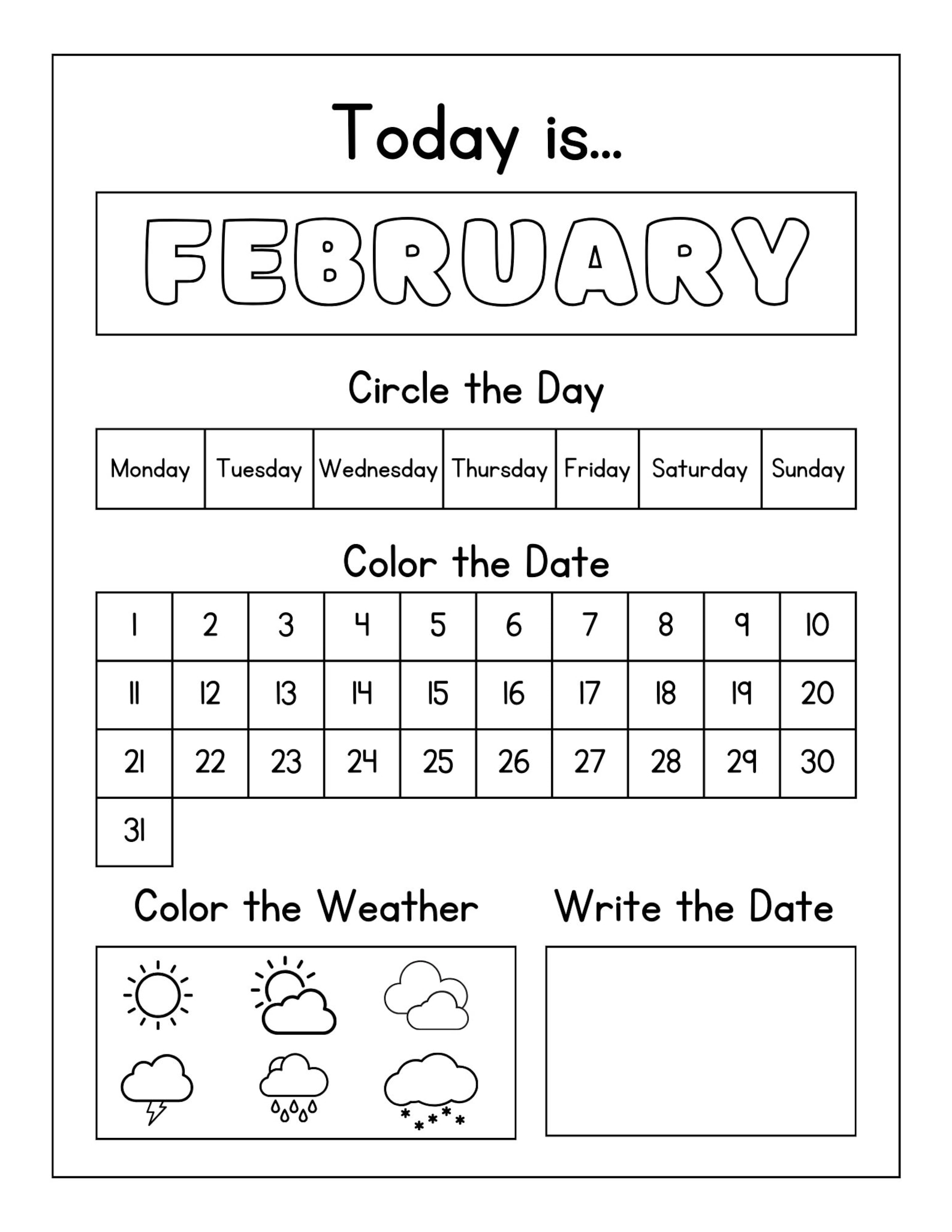 Calendar Worksheet Pages, Daily Calendar, Month Day Date, Weather ...