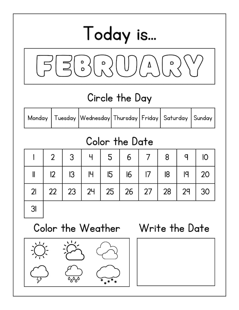 Calendar Worksheet Pages, Daily Calendar, Month Day Date, Weather ...
