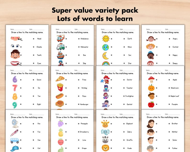 55 Printable Matching Names Worksheets, Match the Picture, Kindergarten ...