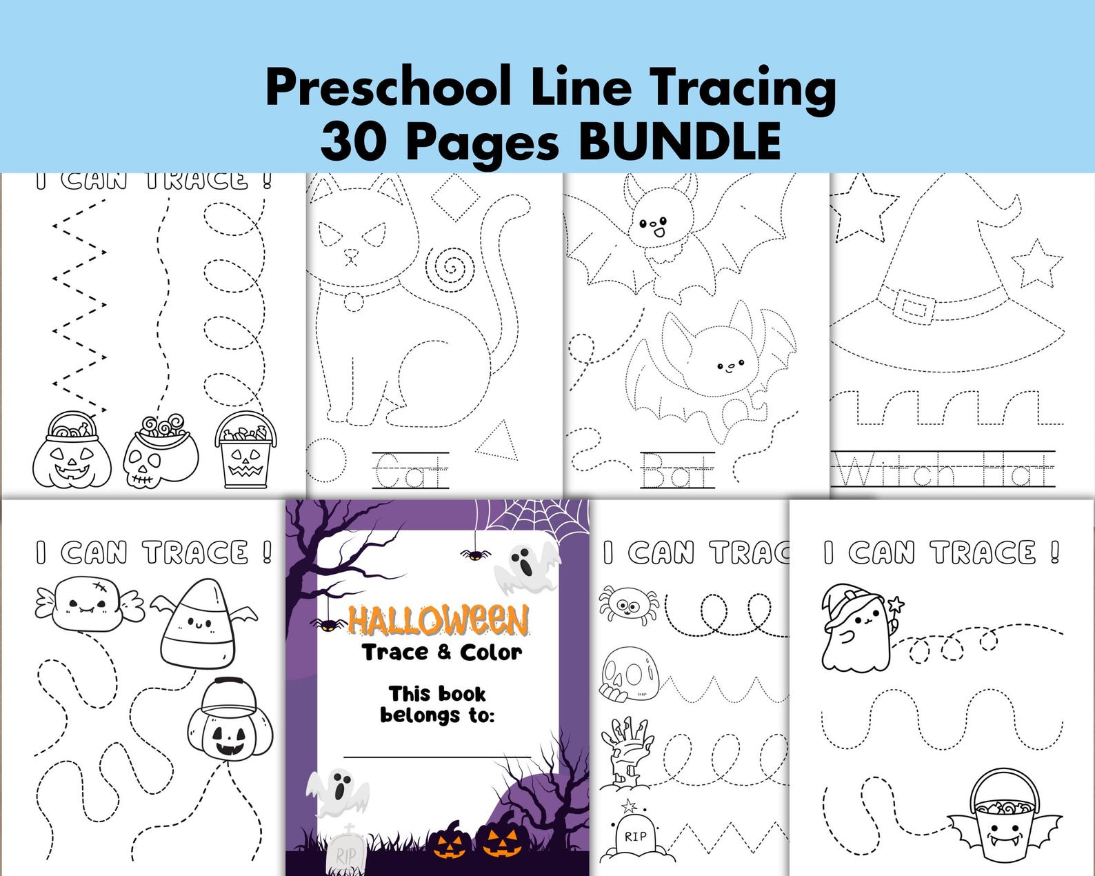 Halloween Tracing and Coloring Page, Halloween Line Trace Worksheet ...