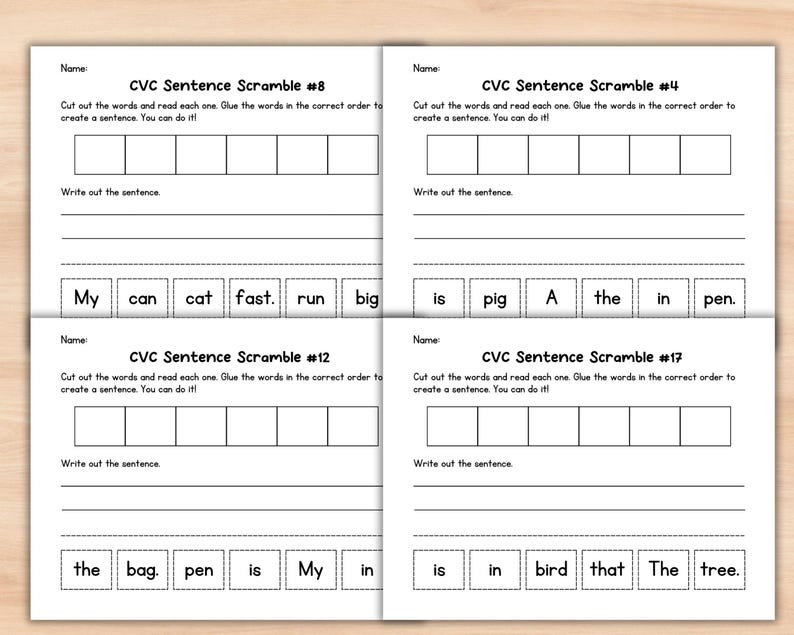 CVC Sentence Scramble Worksheets, Printable PDF 4-word and 6-word Cut ...