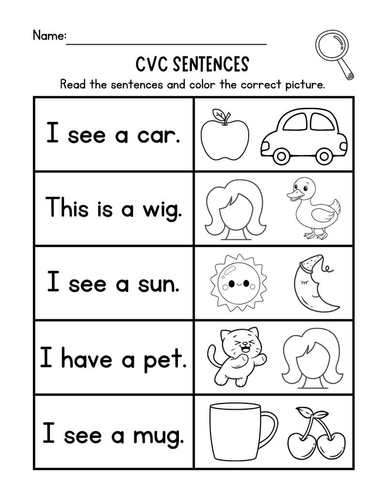 Reading Comprehension Worksheets, CVC Sentences for Kindergarten and ...