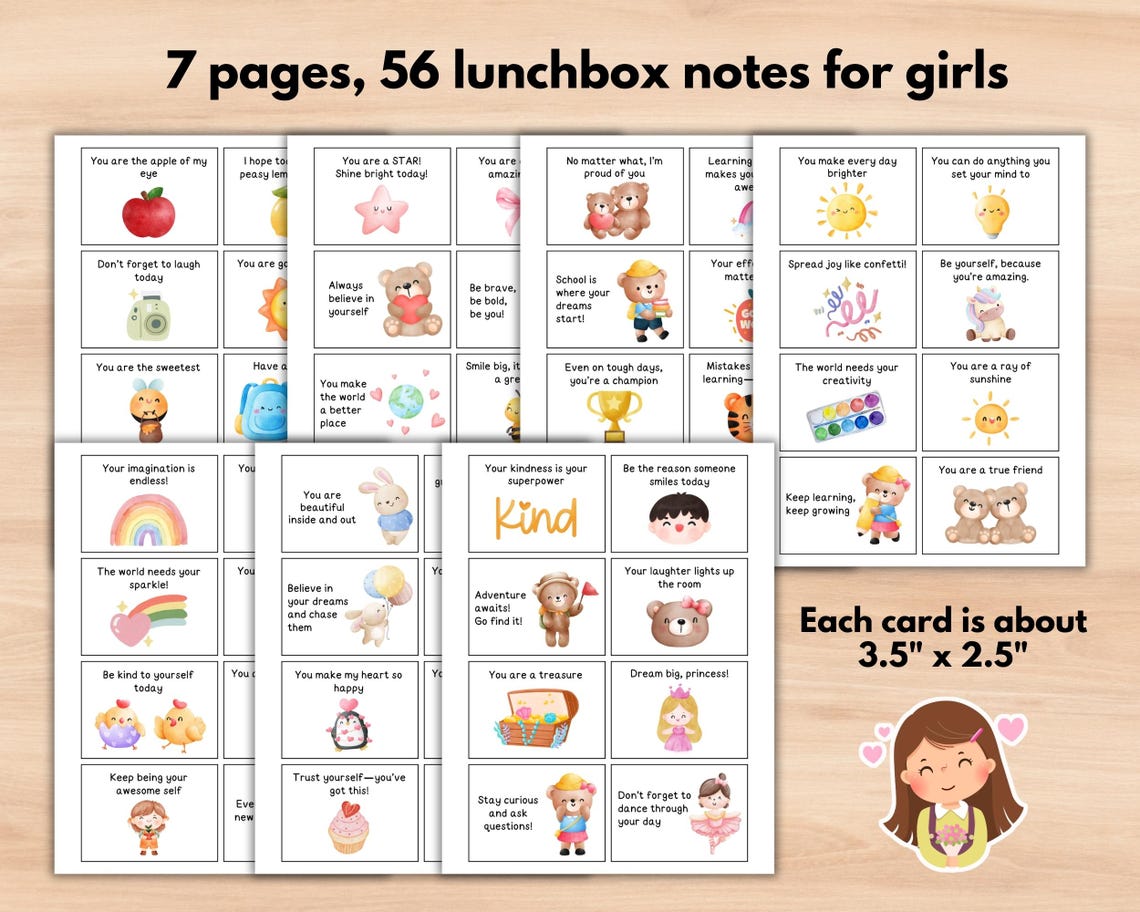 Cute Lunch Box Notes for Girls Printable, Lunchbox Positive Affirmation ...