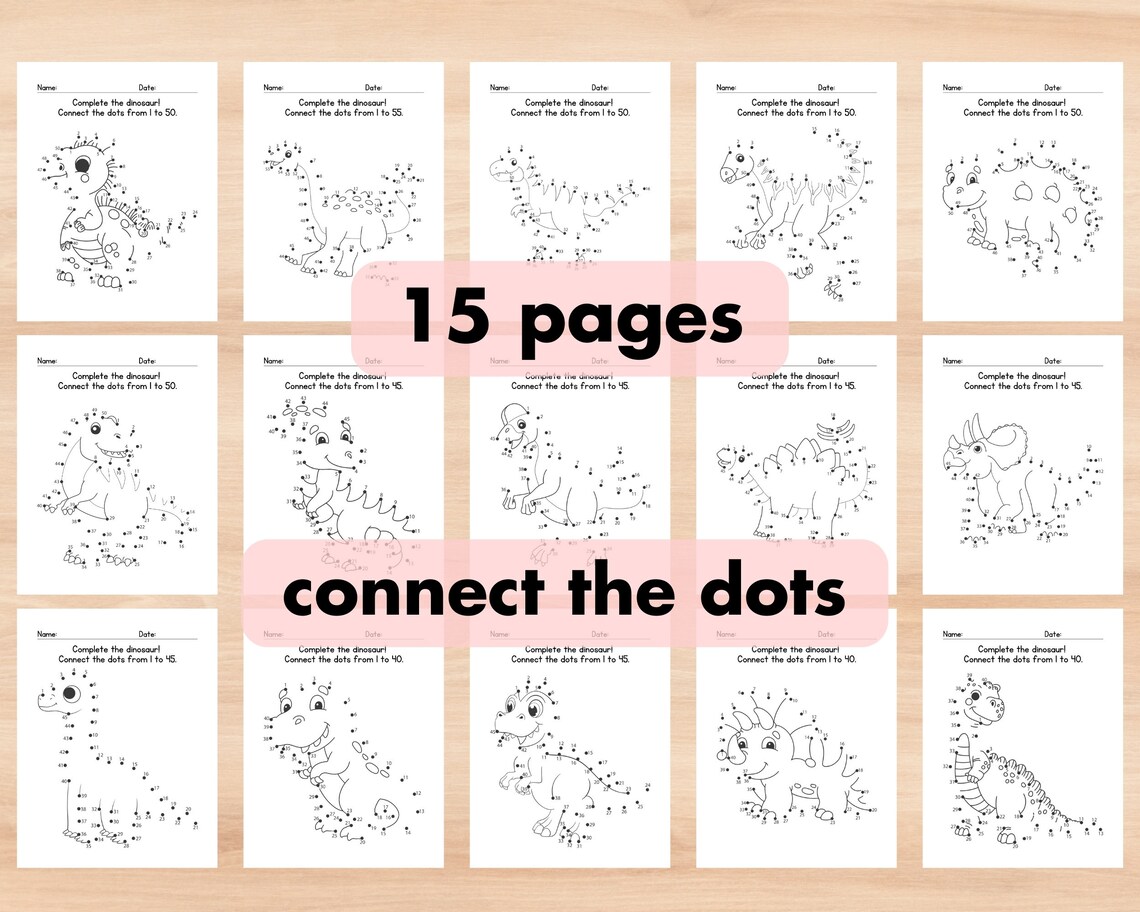 Dot to Dot Connect the Dots Dinosaur Pages, Printable Preschool ...