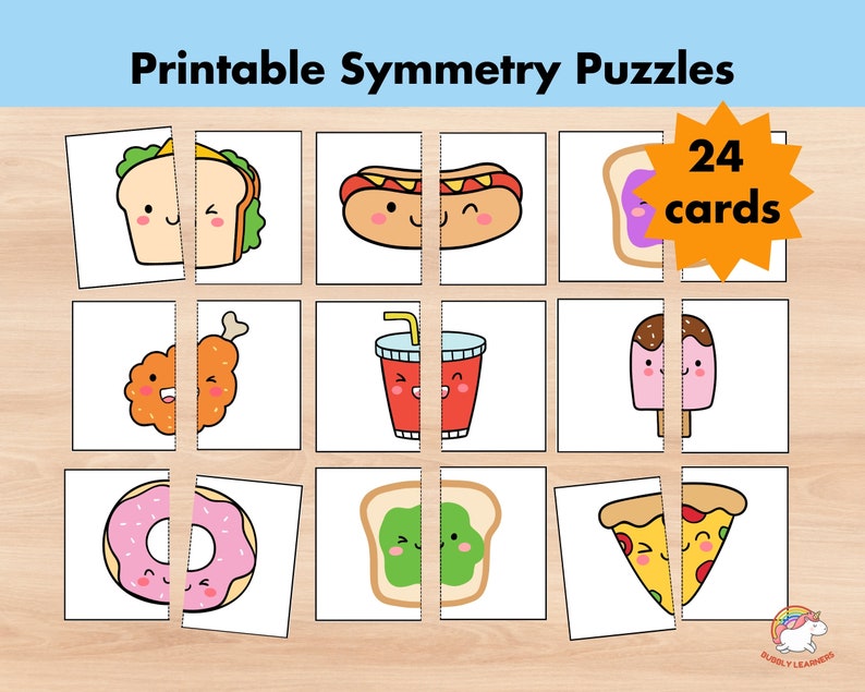 Food Matching Card Game, Symmetry Puzzle, Printable Toddler Preschool ...