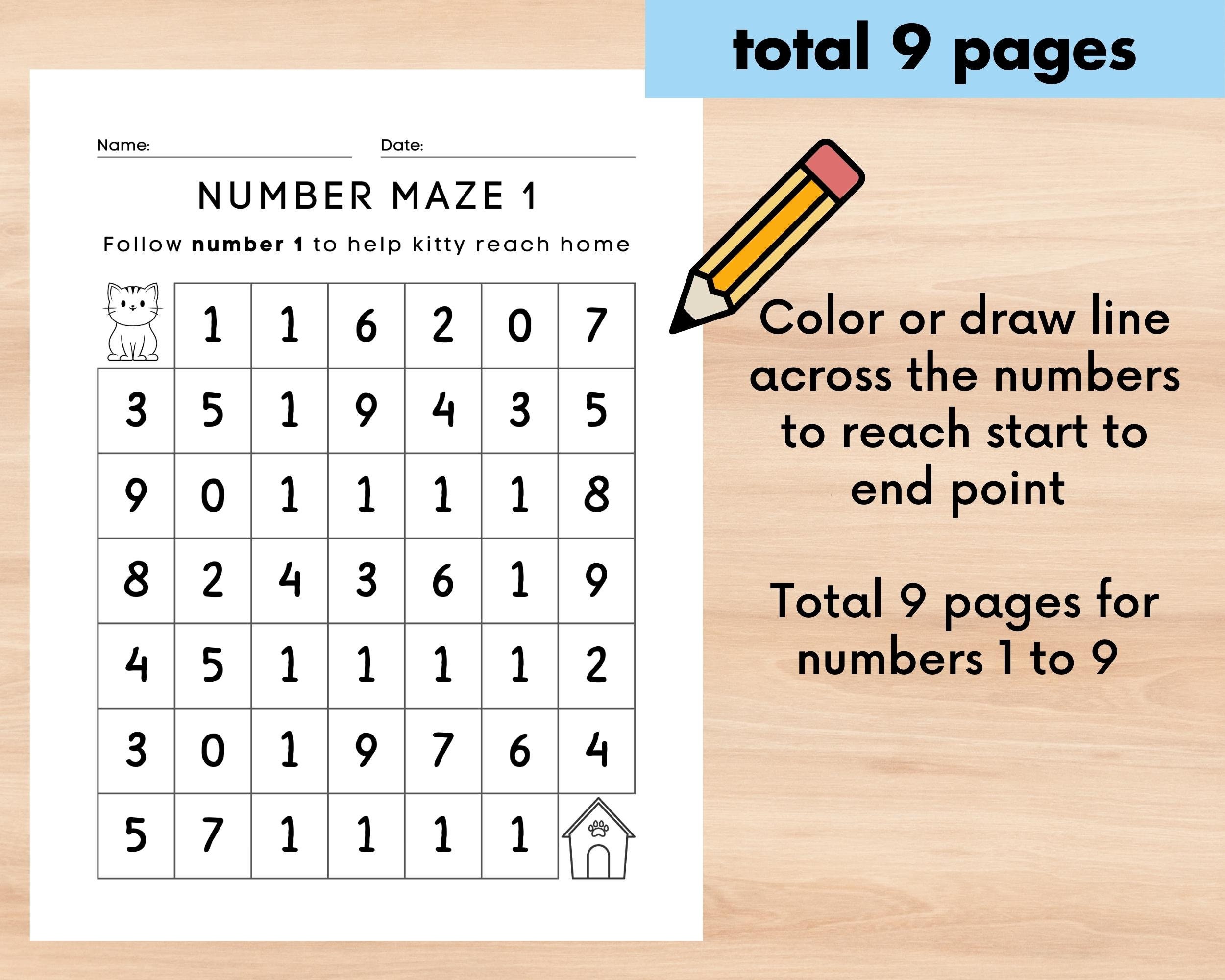 Number Recognition Maze 1-9 for Kids Printable Preschool - Etsy