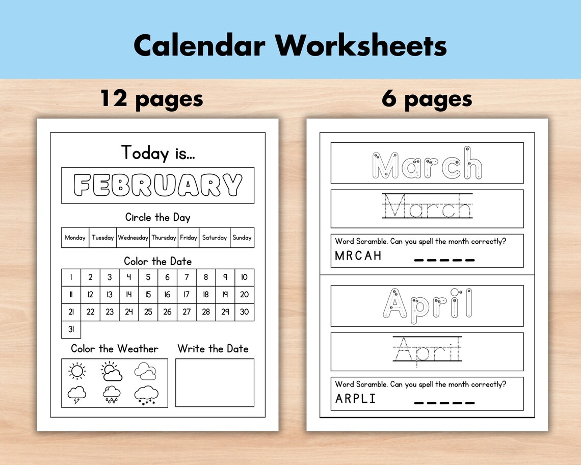 Calendar Worksheet Pages, Daily Calendar, Month Day Date, Weather ...